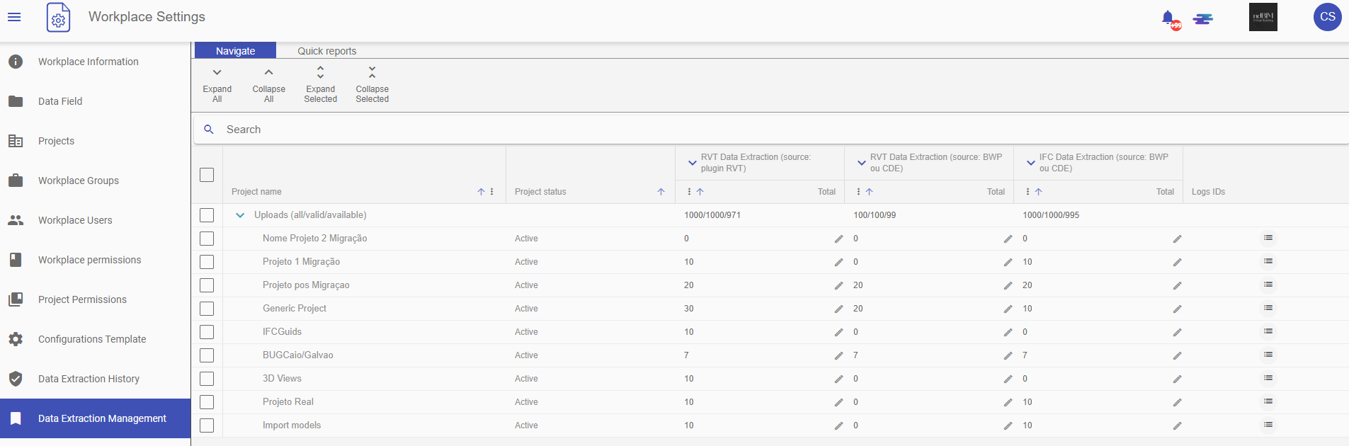 Data Extraction History | BIMWorkplace